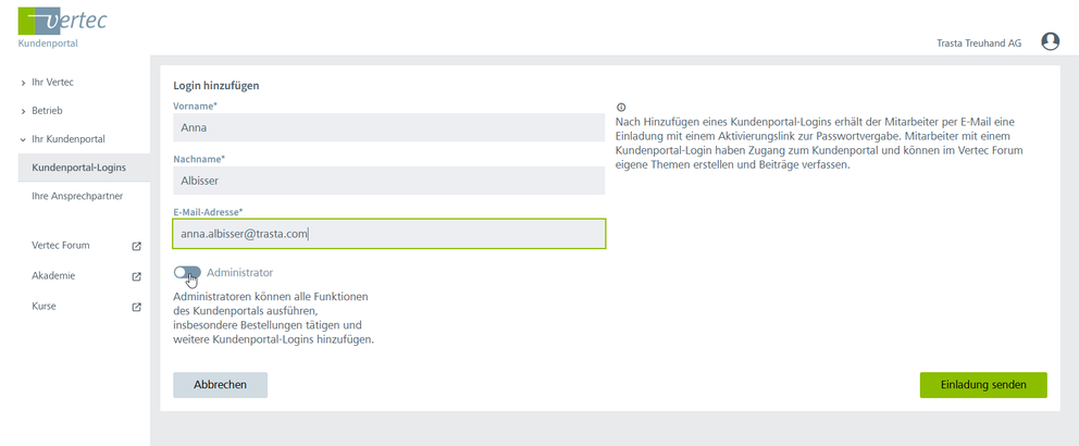 Bedienung Kundenportal