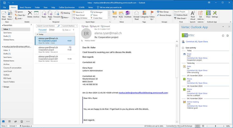 Optimal integration of Vertec and Outlook thanks to Outlook App