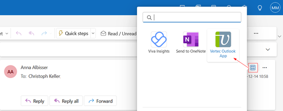 Vertec Outlook App: operation and use