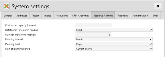 System settings: Resource Planning