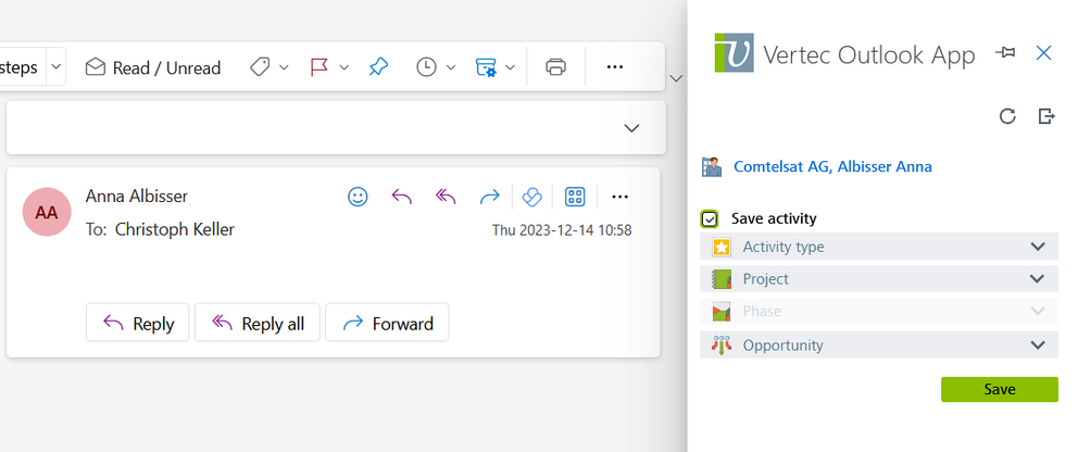 Vertec Outlook App: operation and use