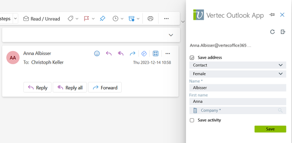 Vertec Outlook App: operation and use