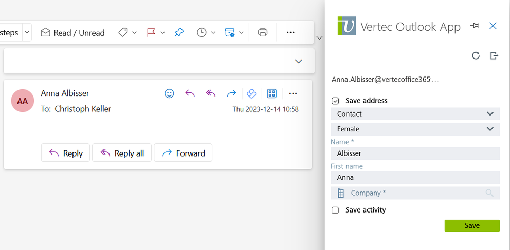 Vertec Outlook App: operation and use